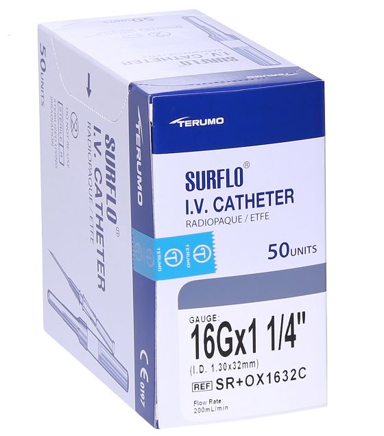 TERUMO SURFLO I.V. CATHETER 16G X 1.25"(32mm) - Box of 50 (SR+OX1632C ...