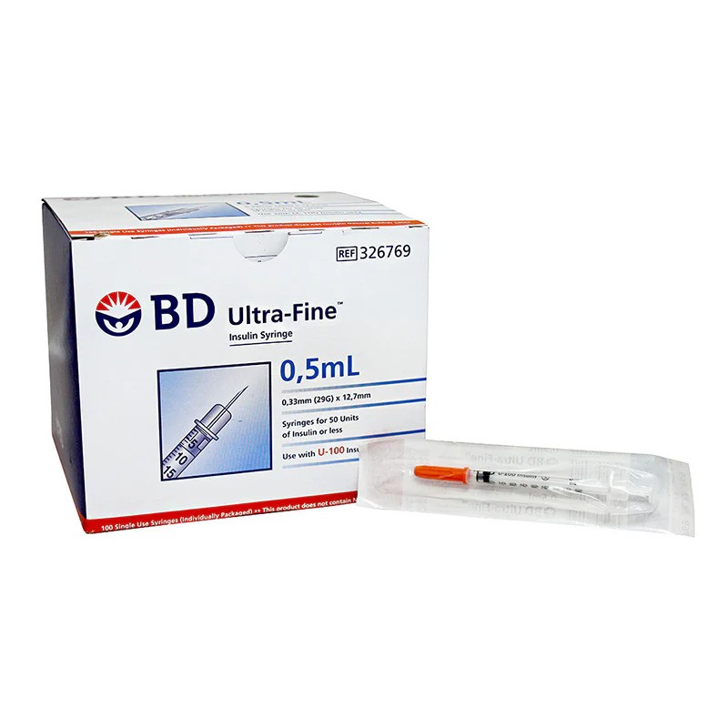 BD INSULIN SYRINGE 0.5ML WITH 29G x 13MM (.5") NEEDLE - Box of 100 ...